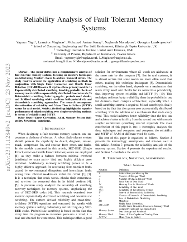 (PDF) Reliability Analysis of Fault Tolerant Memory Systems