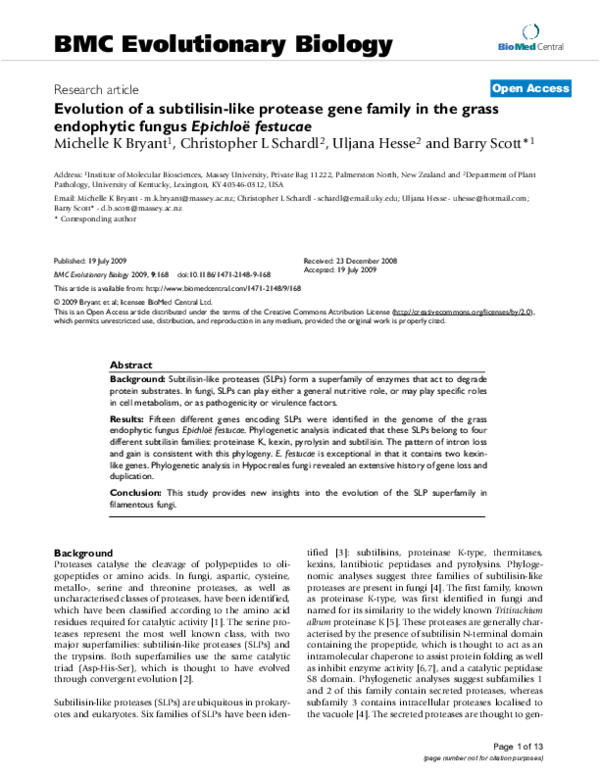(PDF) Evolution of a subtilisin-like protease gene family in the grass endophytic fungus ...