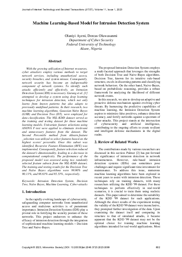 (PDF) Machine Learning for Intrusion Detection Systems