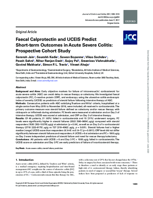 (PDF) Faecal Calprotectin and UCEIS Predict Short-term Outcomes in ...