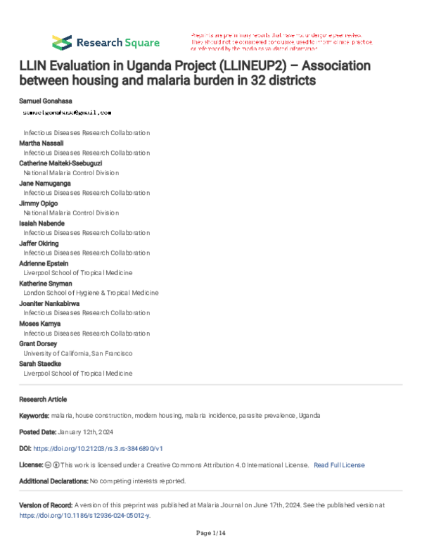 (PDF) LLIN Evaluation in Uganda Project (LLINEUP2) – Association ...