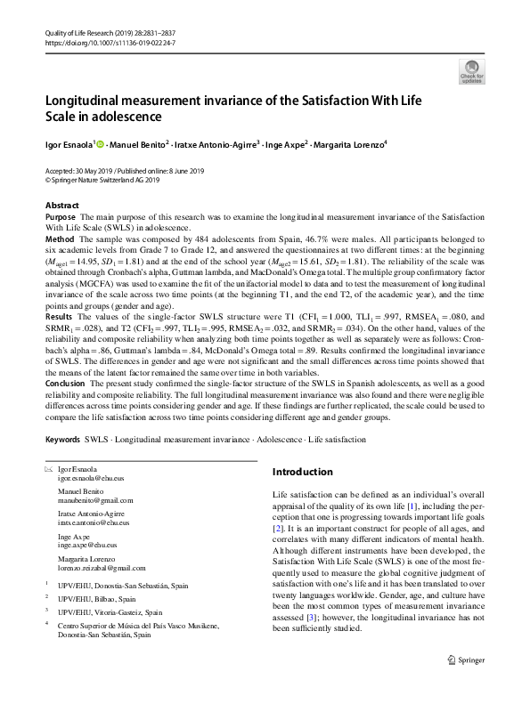 (PDF) Longitudinal measurement invariance of the Satisfaction With Life ...