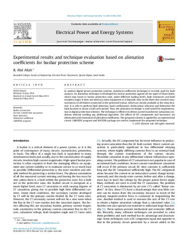 (PDF) Busbar Protection Using Alienation Coefficients