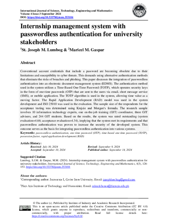(PDF) Internship management system with passwordless authentication for ...