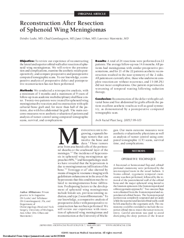 (PDF) Reconstruction After Resection of Sphenoid Wing Meningiomas