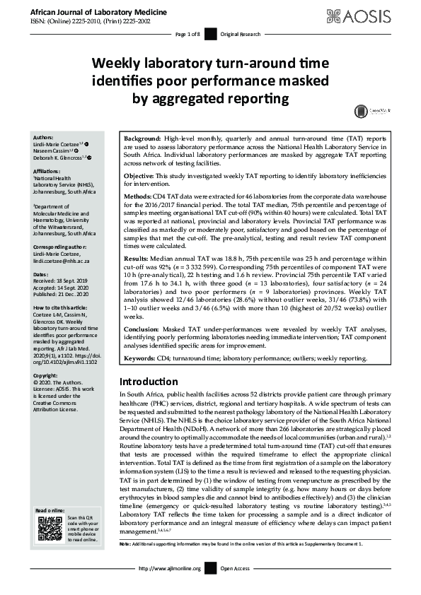(PDF) Weekly laboratory turn-around time identifies poor performance ...
