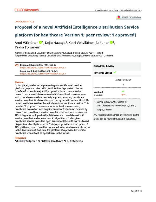 (PDF) Proposal of a novel Artificial Intelligence Distribution Service platform for healthcare