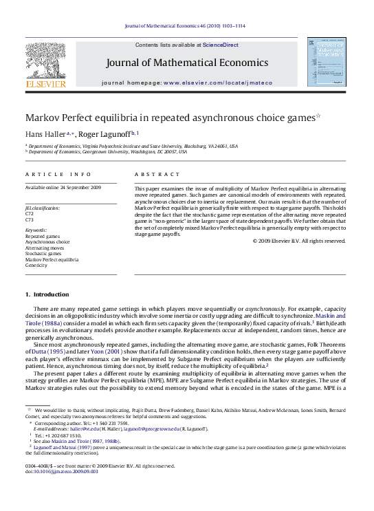 (PDF) Markov Perfect Equilibria in Repeated Asynchronous Choice Games