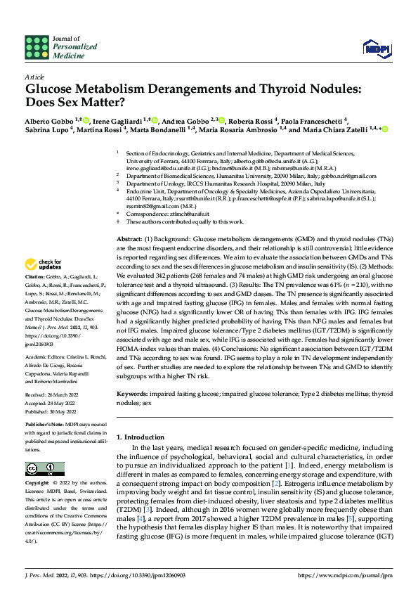 Pdf Glucose Metabolism Derangements And Thyroid Nodules Does Sex Matter