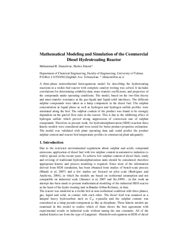 (PDF) Mathematical Modeling and Simulation of the Commercial Diesel Hydrotreating Reactor