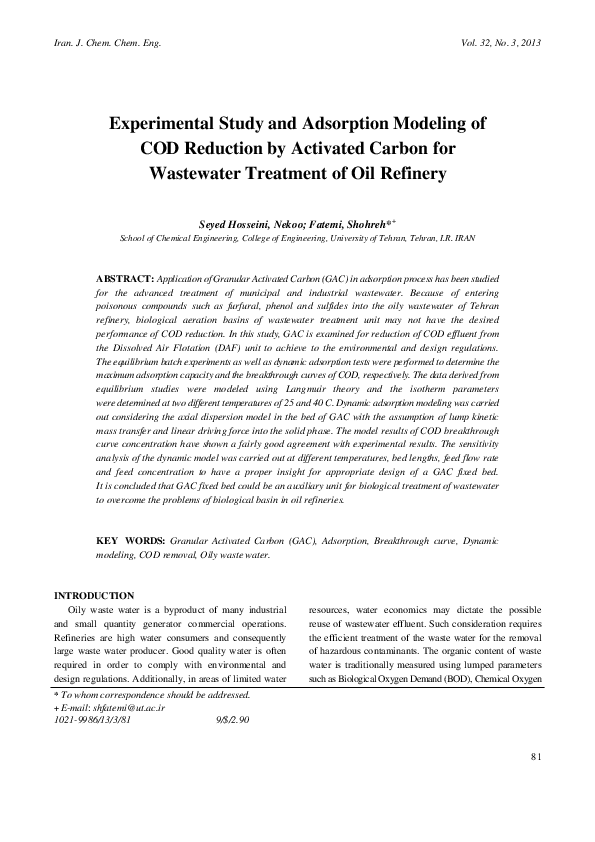 (PDF) Experimental Study and Adsorption Modeling of COD Reduction by Activated Carbon for ...