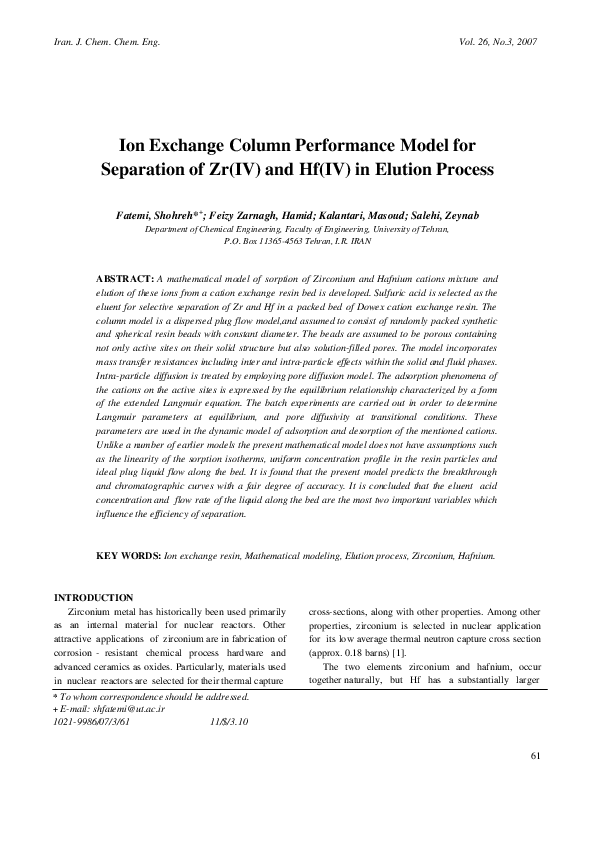 (PDF) Ion Exchange Column Performance Model for Separation of ZR (IV ...