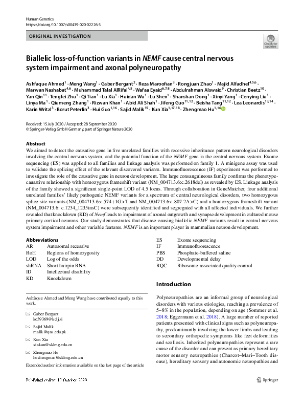 (PDF) Biallelic loss-of-function variants in NEMF cause central nervous ...