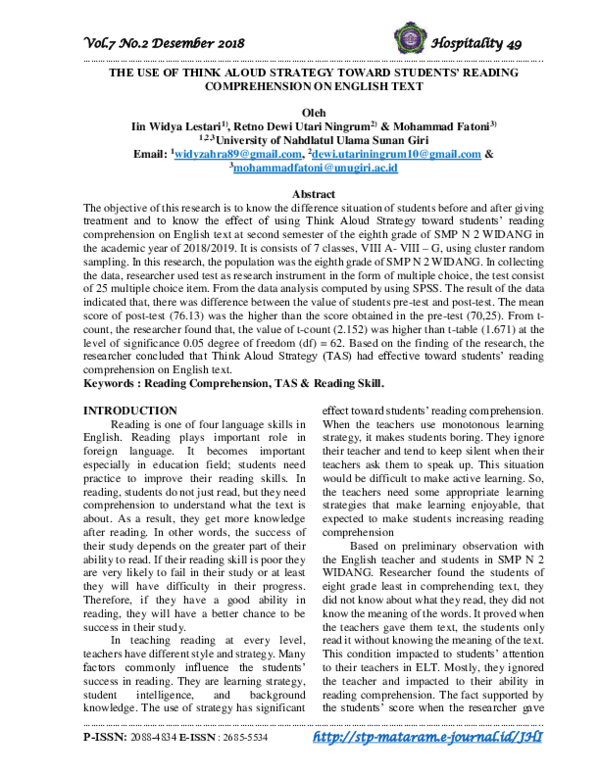 (PDF) The Use of Think Aloud Strategy Toward Students’ Reading ...