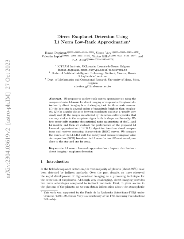(PDF) Direct Exoplanet Detection Using L1 Norm Low-Rank Approximation