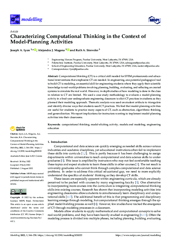 (PDF) Characterizing Computational Thinking in the Context of Model-Planning Activities