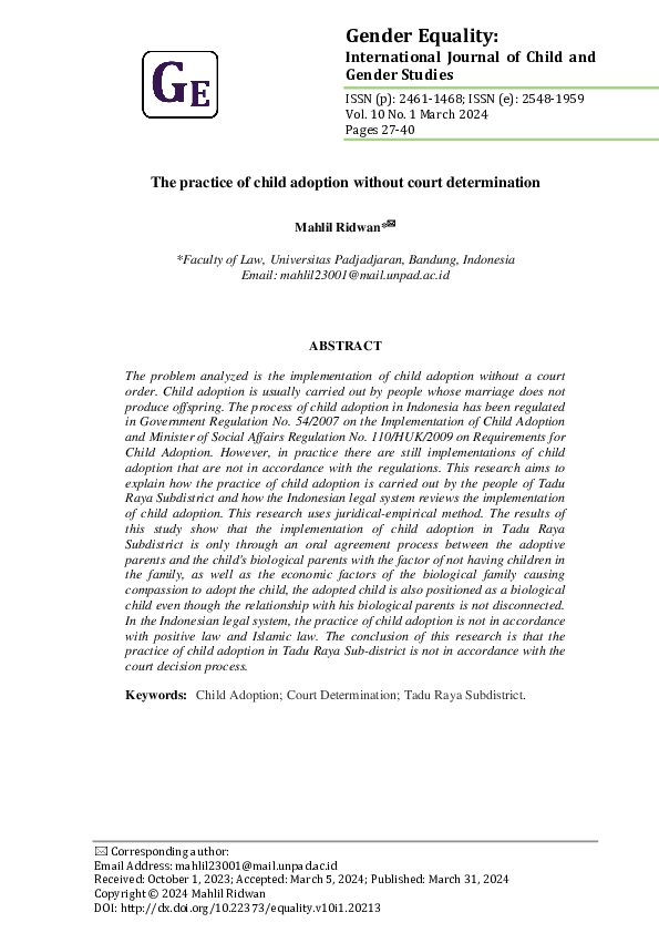 (PDF) The practice of child adoption without court determination