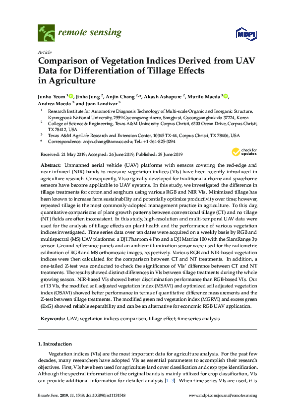(PDF) Comparison of Vegetation Indices Derived from UAV Data for Differentiation of Tillage ...