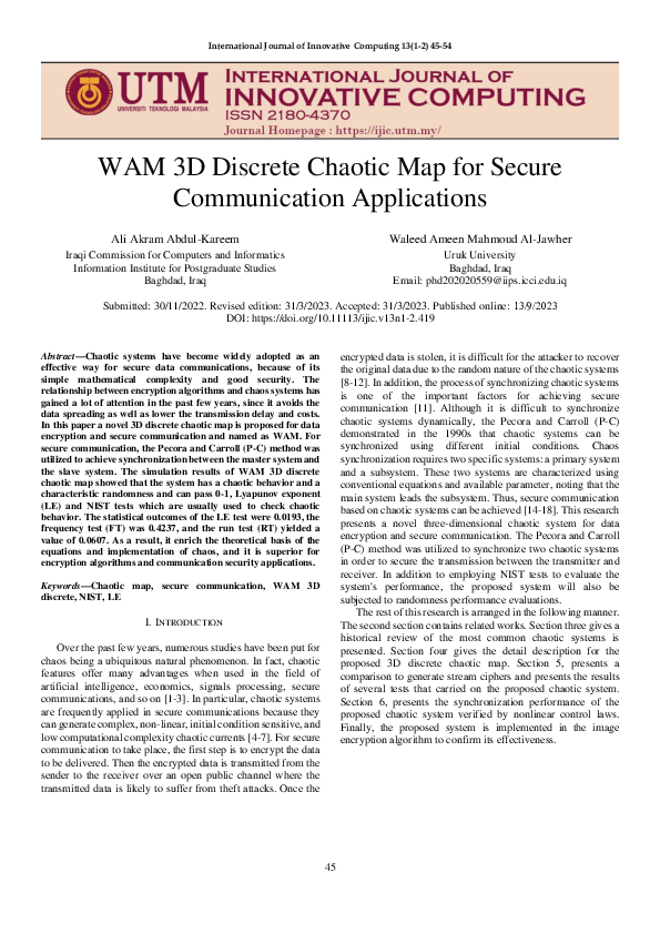 (PDF) 3D Discrete Chaotic Map for Secure Data Communication