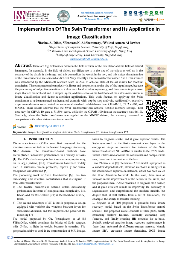 Pdf Implementation Of The Swin Transformer And Its Application In Image Classification