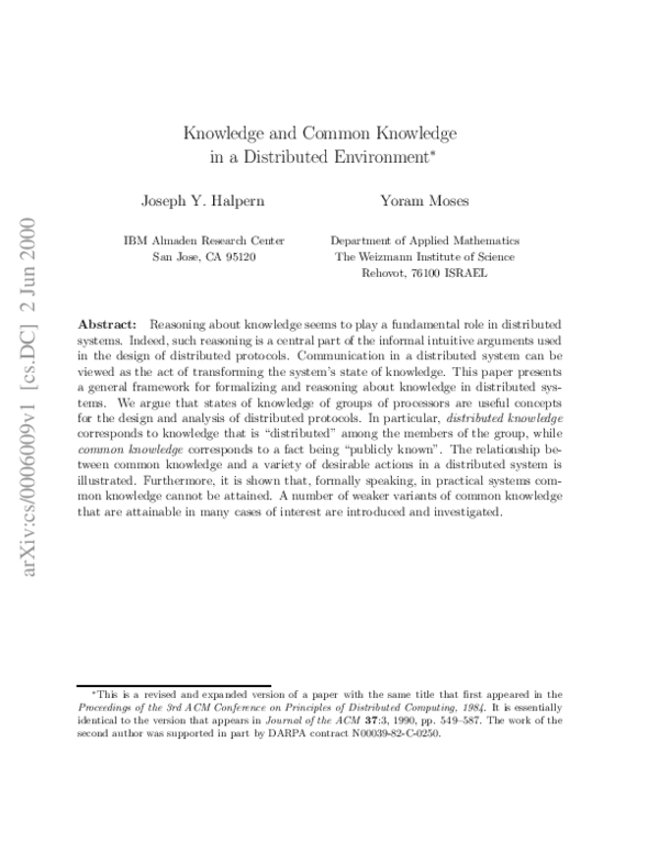 (PDF) Knowledge and common knowledge in a distributed environment