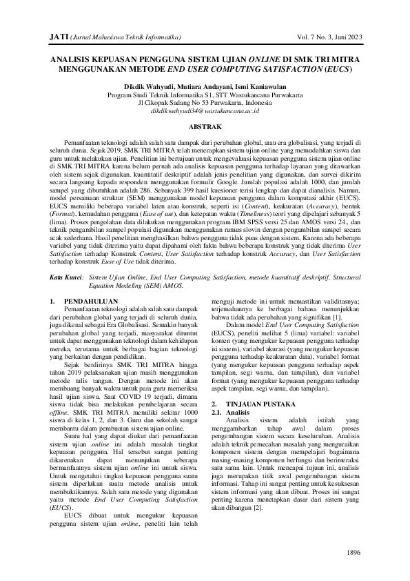(PDF) Analisis Kepuasan Pengguna Sistem Ujian Online DI SMK Tri Mitra Menggunakan Metode End ...