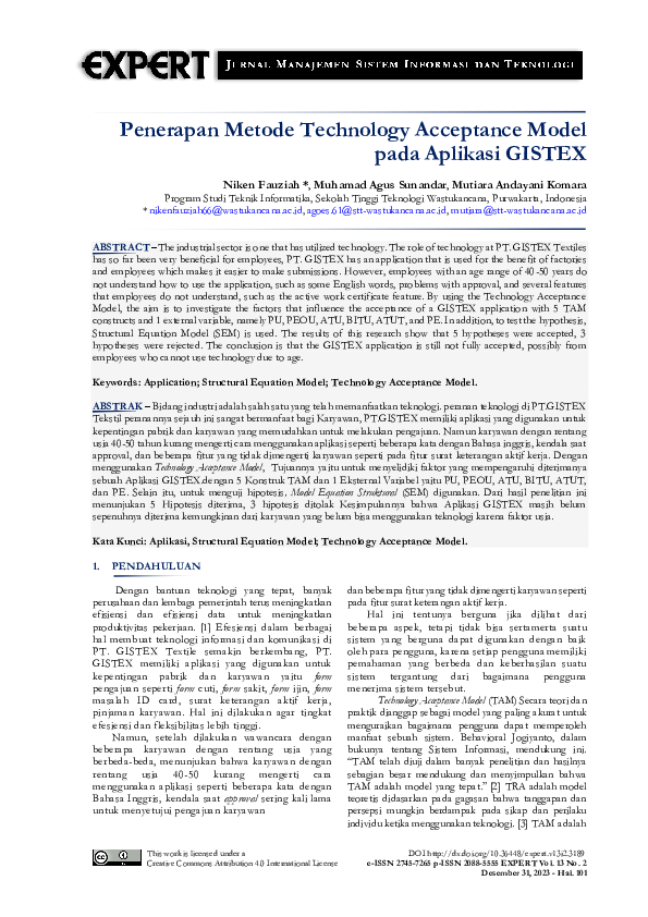 (PDF) Penerapan Metode Technology Acceptance Model pada Aplikasi GISTEX