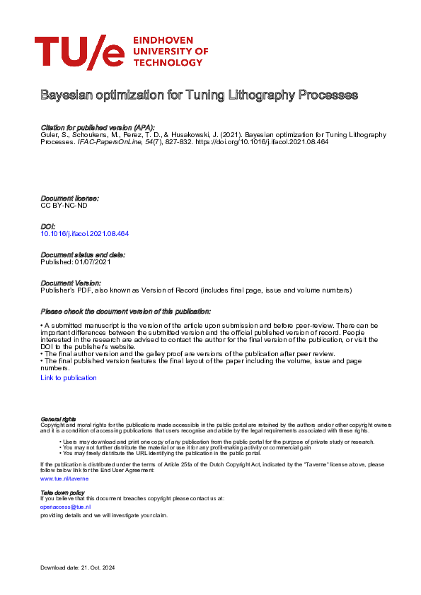 (PDF) Bayesian optimization for Tuning Lithography Processes