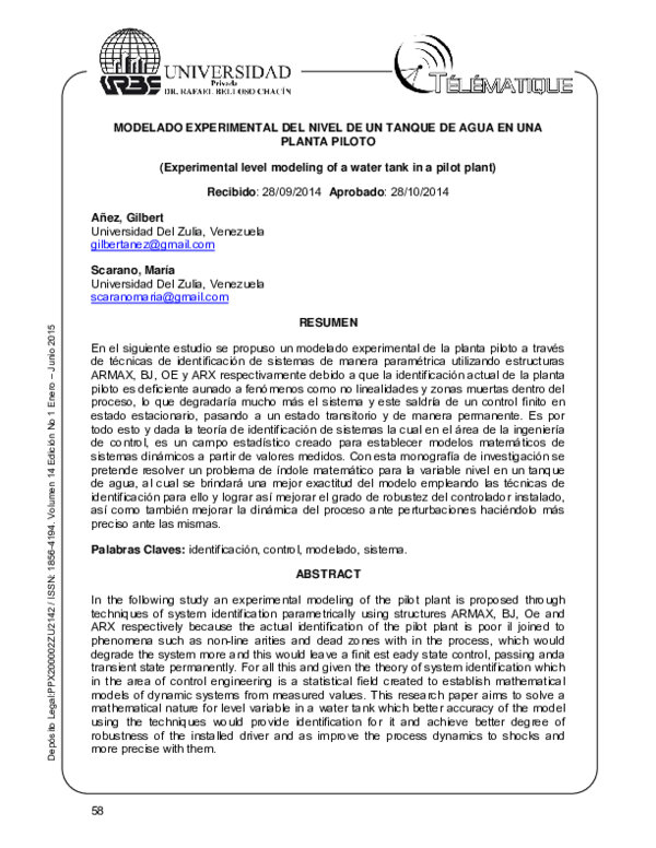 (PDF) Modelado experimental del nivel de un tanque de agua en una ...