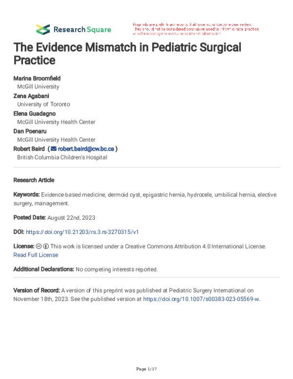 (PDF) The Evidence Mismatch in Pediatric Surgical Practice
