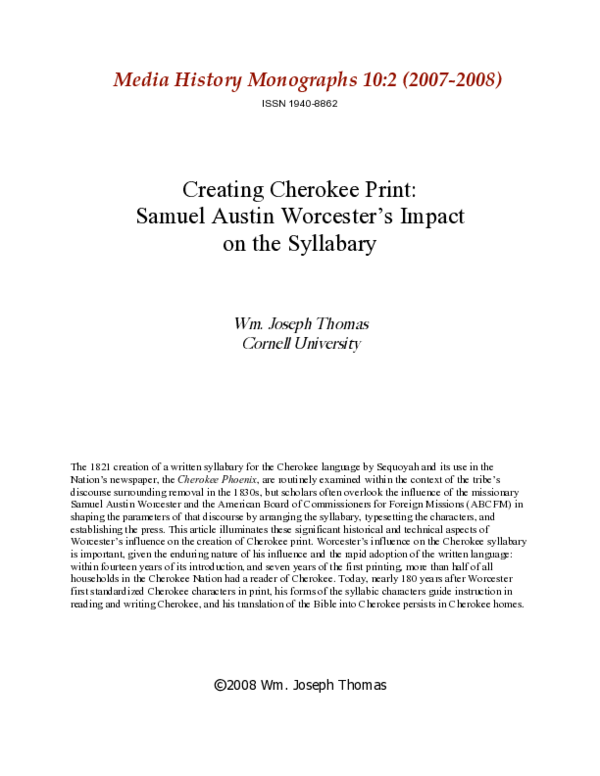 (PDF) Creating Cherokee Print: Samuel Austin Worcester’s Impact on the ...