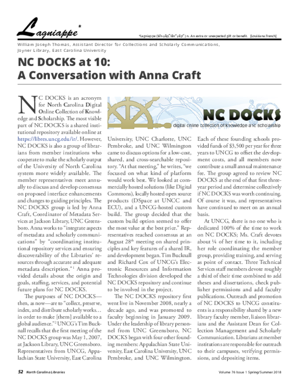 (PDF) NC DOCKS at 10: A Conversation with Anna Craft | William Thomas ...