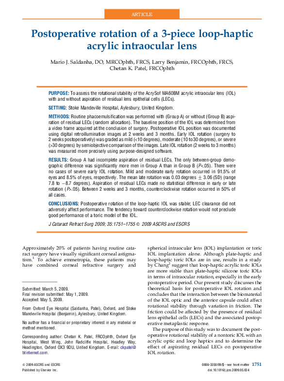 (PDF) Postoperative rotation of a 3-piece loop-haptic acrylic ...