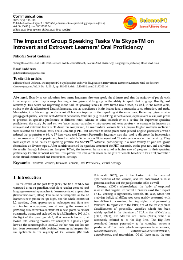 (PDF) The Impact of Group Speaking Tasks Via SkypeTM on Introvert and Extrovert Learners’ Oral ...