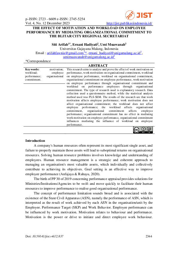 (PDF) The Effect Of Motivation and Workload On Employee Performance By Mediating Organizational ...