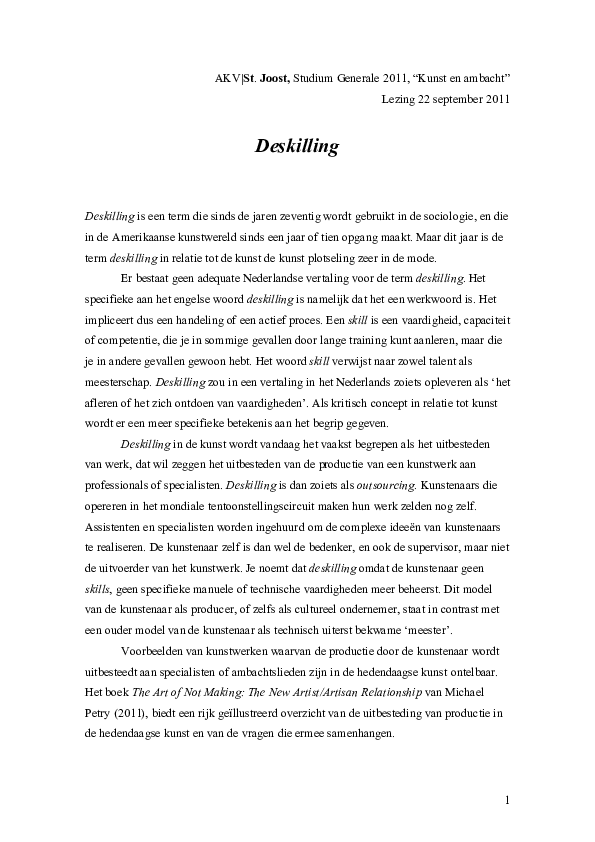 (PDF) Deskilling. Keynote lecture, Studium Generale 2011: Kunst en ...
