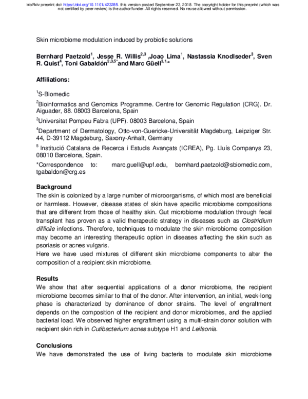 (PDF) Skin microbiome modulation induced by probiotic solutions