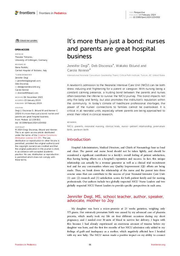 (PDF) It's more than just a bond: nurses and parents are great hospital ...