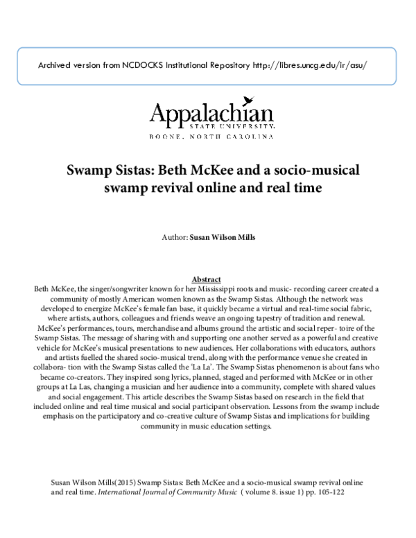 (PDF) Swamp Sistas: Beth McKee and a socio-musical swamp revival online ...