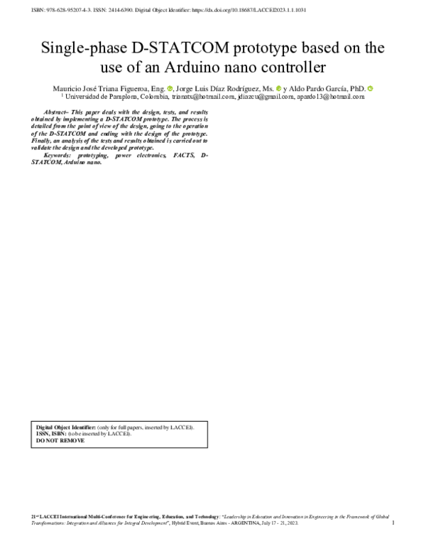 (PDF) Single-phase D-STATCOM prototype based on the use of an Arduino nano controller | Aldo ...