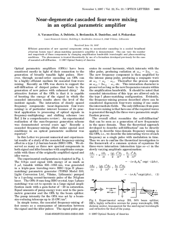 (PDF) Near-degenerate cascaded four-wave mixing in an optical parametric amplifier | Audrius ...