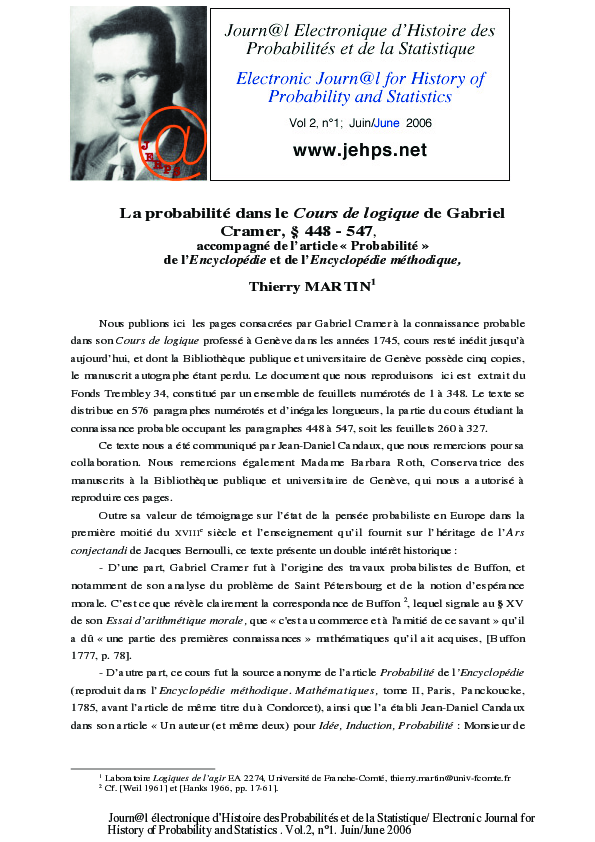 (PDF) La probabilité dans le Cours de logique de Gabriel Cramer, § 448-547