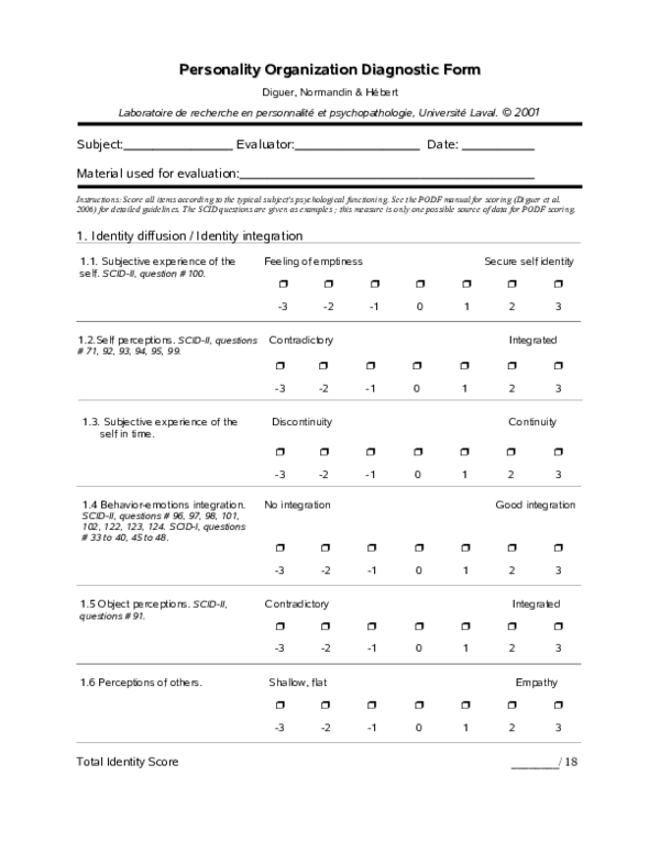 (PDF) Personality Organization Diagnostic Form