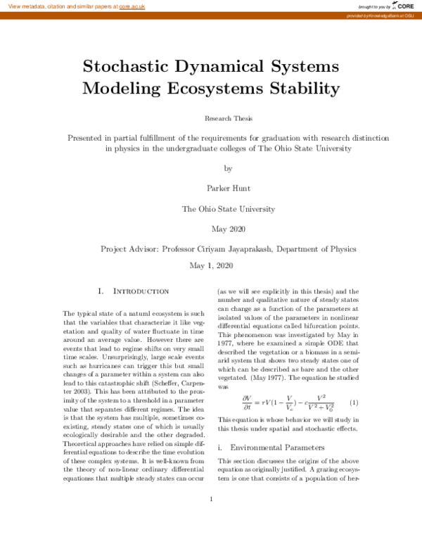 (PDF) Stochastic Dynamical Systems Modeling Ecosystems Stability
