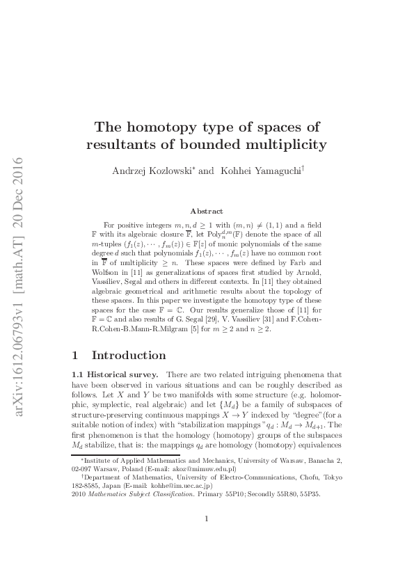 (PDF) The homotopy type of spaces of resultants of bounded multiplicity