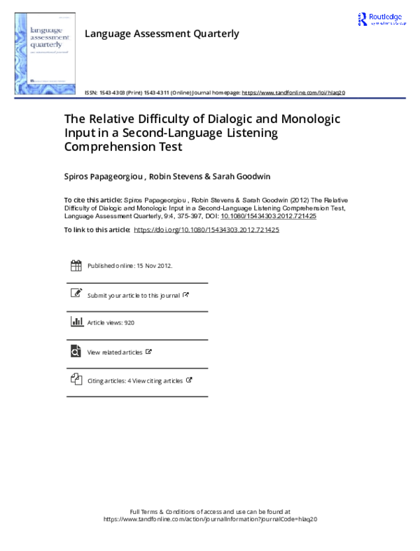 Pdf The Relative Difficulty Of Dialogic And Monologic Input In A Second Language Listening