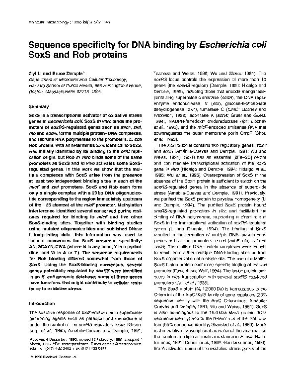 (PDF) Sequence specificity for DNA binding by Escherichia coli SoxS and Rob proteins