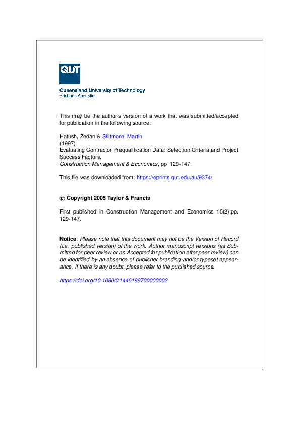 (PDF) Evaluating contractor prequalification data: selection criteria ...
