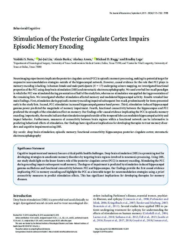 (PDF) Stimulation of the Posterior Cingulate Cortex Impairs Episodic Memory Encoding