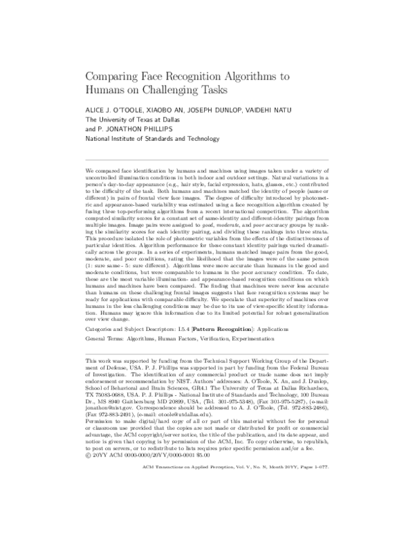 (PDF) Comparing face recognition algorithms to humans on challenging tasks